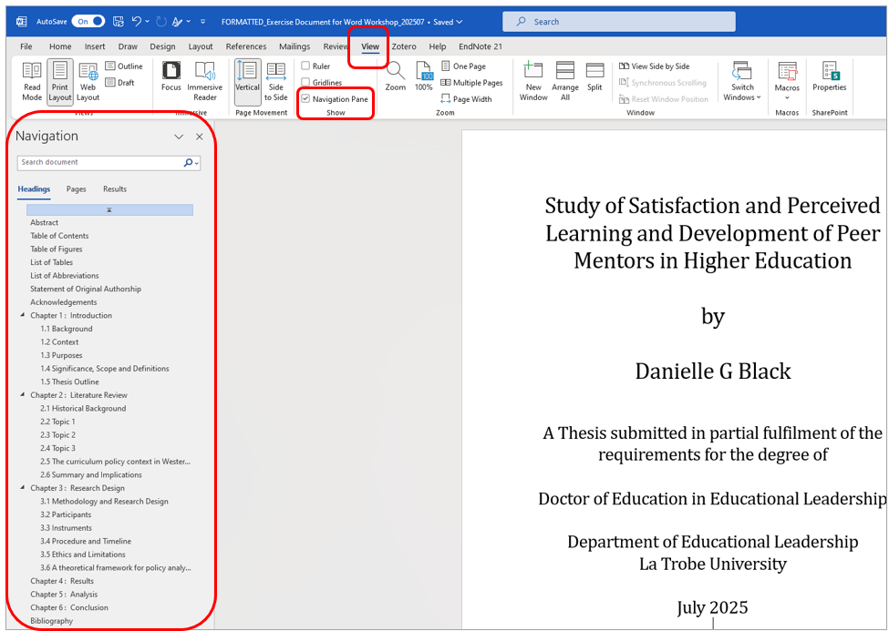 Navigation pane - Microsoft Word Formatting for Graduate Researchers - Expert help guides at La ...